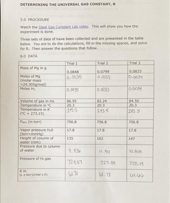 Solved DETERMINING THE UNIVERSAL GAS CONSTANT, R 7.0 | Chegg.com