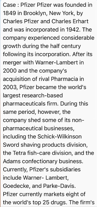 Solved Case: Pfizer Pfizer was founded in 1849 in | Chegg.com