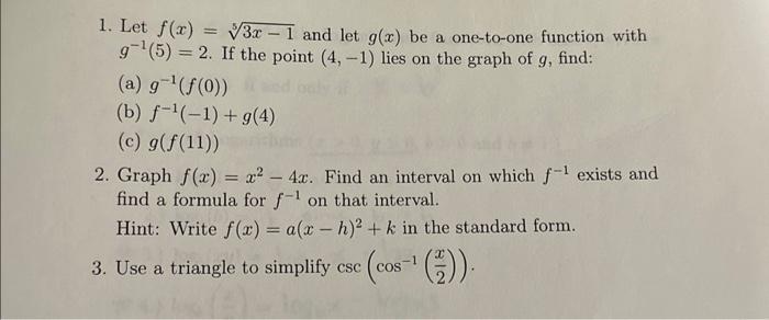 Solved 1. Let f(x)=53x−1 and let g(x) be a one-to-one | Chegg.com