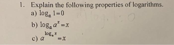 Solved 1. Explain the following properties of logarithms. a) | Chegg.com