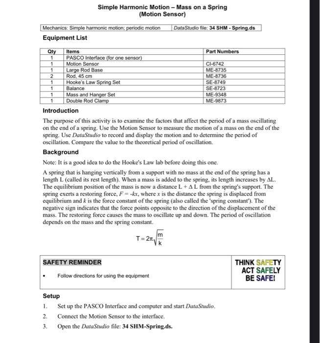 Solved Simple Harmonic Motion - Mass on a Spring (Motion | Chegg.com