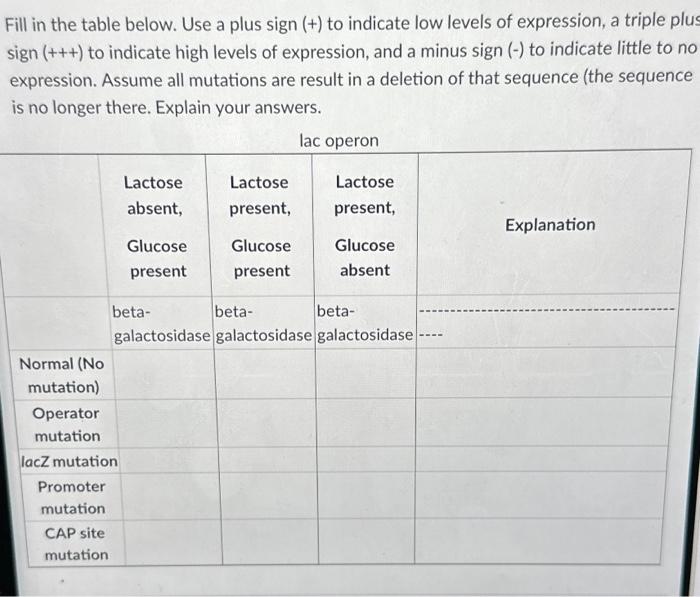 Solved Fill in the table below. Use a plus sign (+) to | Chegg.com