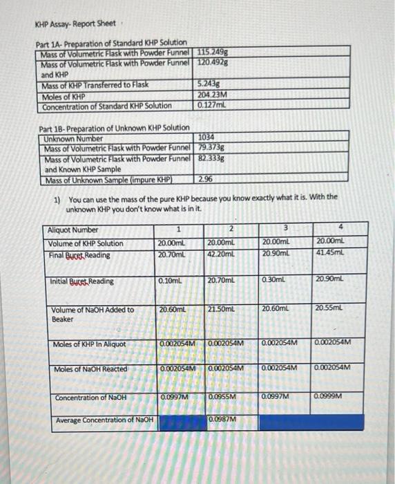 Solved KHP Assay-Report Sheet Part 1A. Preparation of | Chegg.com
