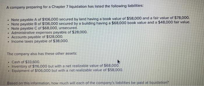 Solved A company preparing for a Chapter 7 liquidation has | Chegg.com