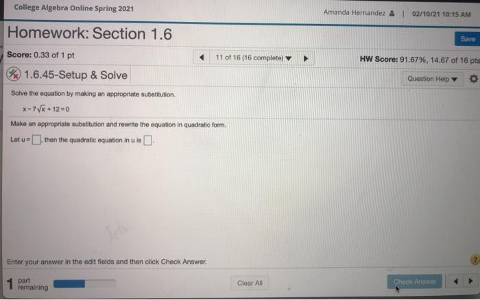 Solved College Algebra Online Spring 2021 Amanda Hernandez & | Chegg.com