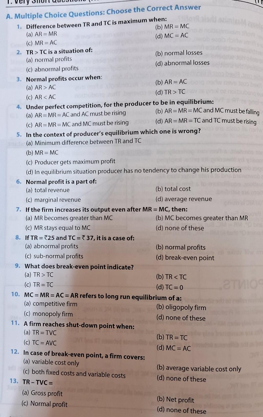Solved 1. Difference between TR and TC is maximum when: (b) | Chegg.com