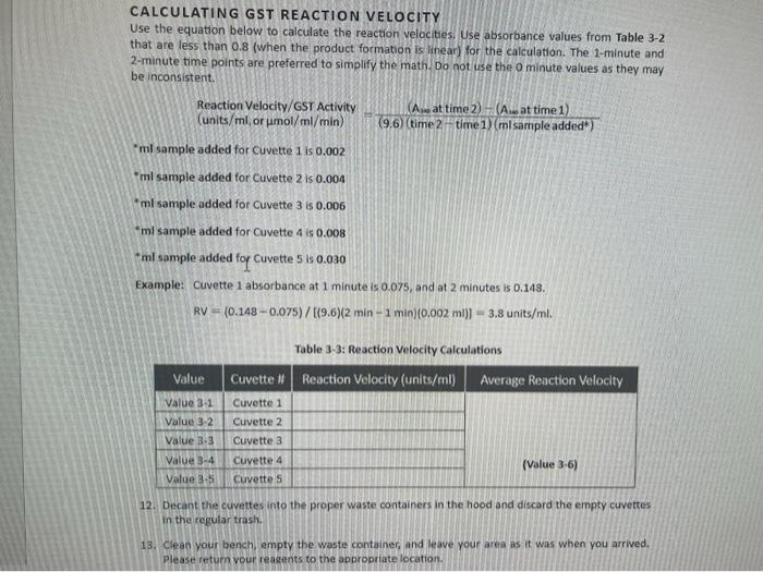 CALCULATING GST REACTION VELOCITY Use the equation | Chegg.com