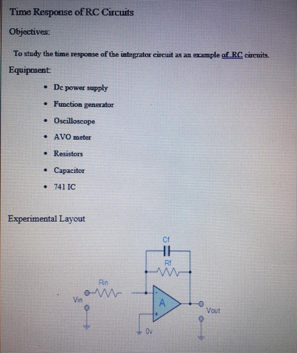 Solved Time Response of RC Circuits Objectives: To study the | Chegg.com