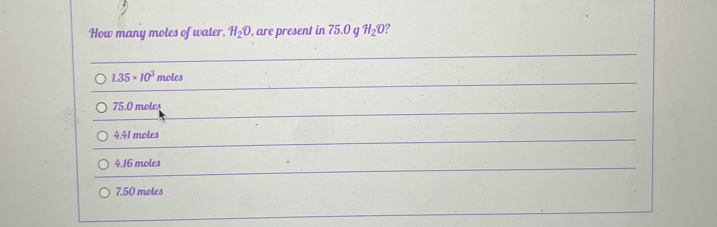 Solved How many moles of water, H2O, ﻿are present in | Chegg.com