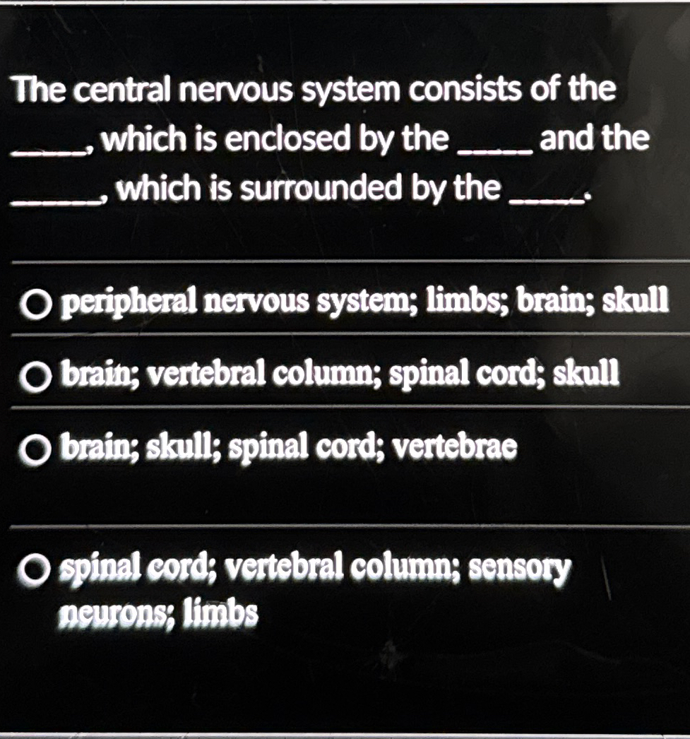 Solved The central nervous system consists of theq, , ﻿which | Chegg.com