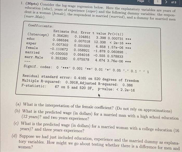 Solved 1. (30pts) Consider the log-wage regression below. | Chegg.com
