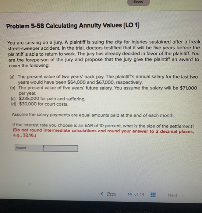 Solved Saved Problem 5-58 Calculating Annuity Values (LO 1) | Chegg.com