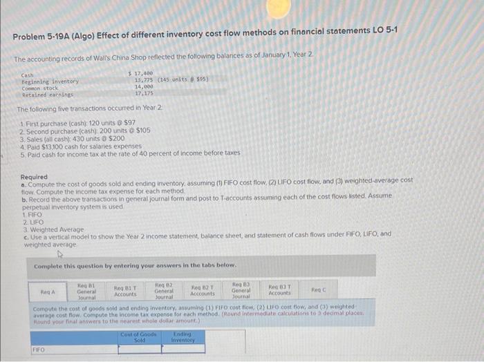Solved Problem 5-19A (Algo) Effect of different inventory | Chegg.com