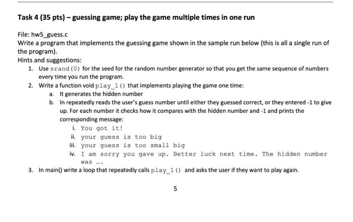 Solved Task 4 (35 pts) – guessing game; play the game | Chegg.com