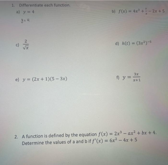 Solved 1. Differentiate each function. a) y=4 b) | Chegg.com