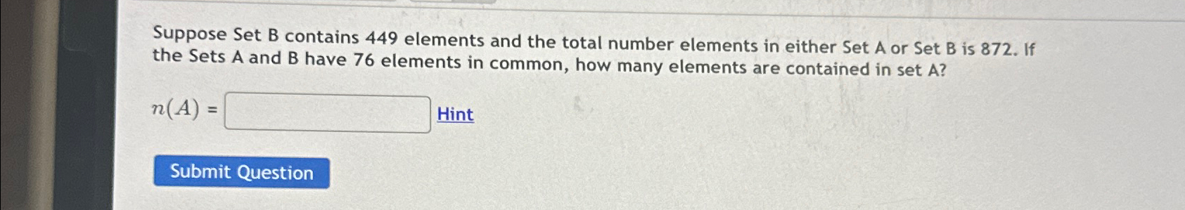Solved Suppose Set B contains 449 ﻿elements and the total | Chegg.com