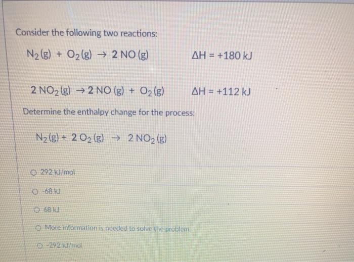 Solved Consider the following two reactions: N2(g) + O2(g) → | Chegg.com