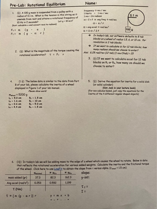 Solved Name: Pre-Lab: Rotational Equilibrium 1 (+) A 100 g | Chegg.com