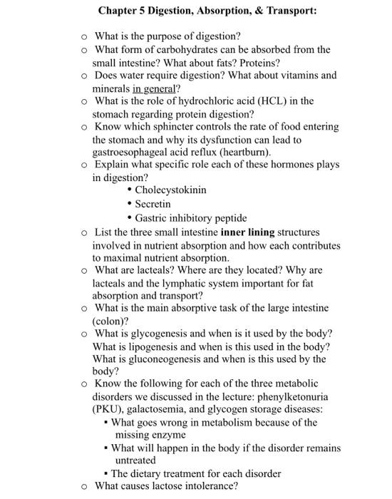Solved Chapter 5 Digestion, Absorption, \& Transport: What | Chegg.com
