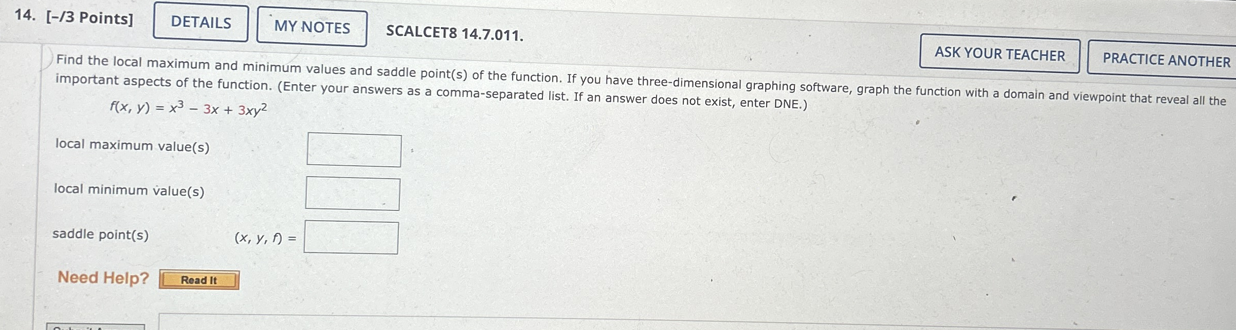 Solved [-/3 ﻿Points]SCALCET8 14.7.011.Find the local maximum | Chegg.com