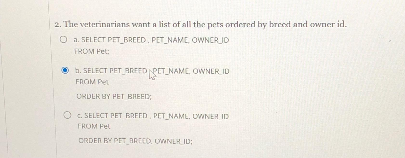 Solved The veterinarians want a list of all the pets ordered | Chegg.com