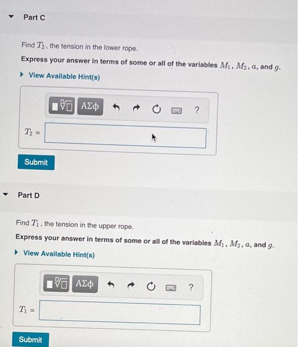 Solved Two blocks with masses M1 and M2 hang one under the | Chegg.com