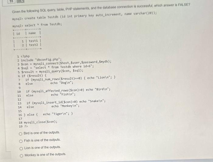 Solved Given The Following Sql Query Table Php Statements
