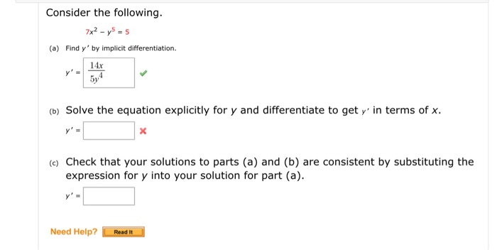 Solved Consider the following. 7x2 - y = 5 (a) Find y' by | Chegg.com