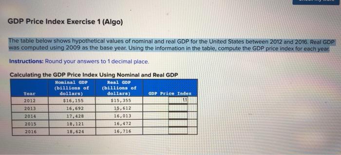 Solved GDP Price Index Exercise 1 (Algo) The table below | Chegg.com