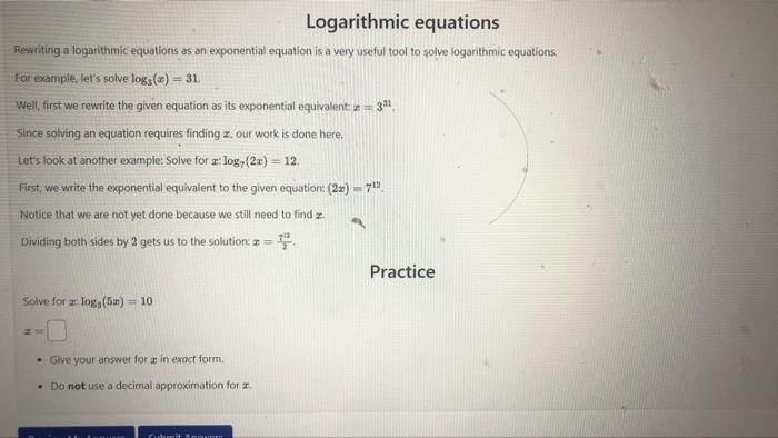 Solved Rewriting a logarithmic equations as an exponential | Chegg.com