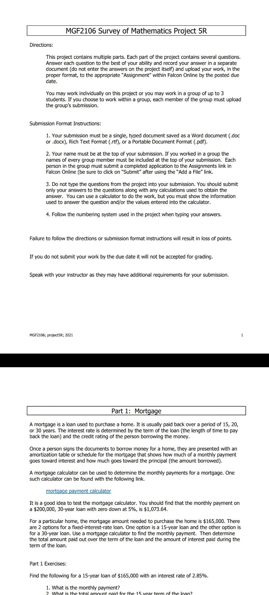 MGF2106 Survey of Mathematics Project 5R Directions: | Chegg.com