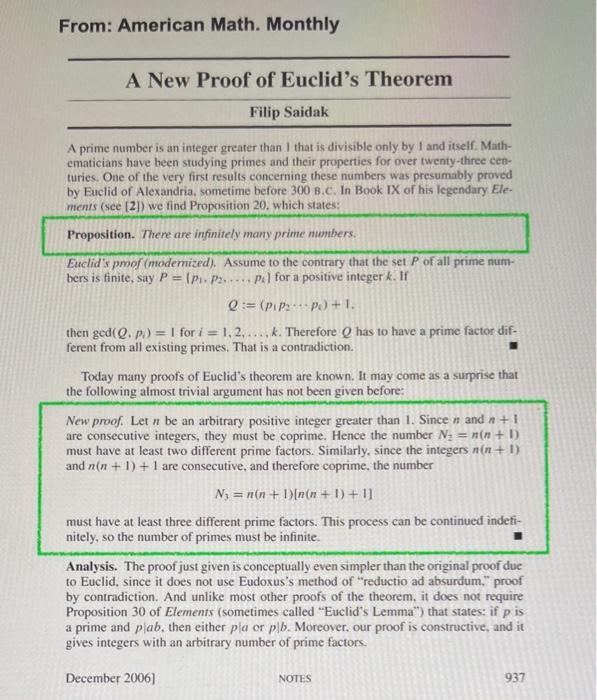 Solved From: American Math. Monthly A New Proof of Euclid's | Chegg.com