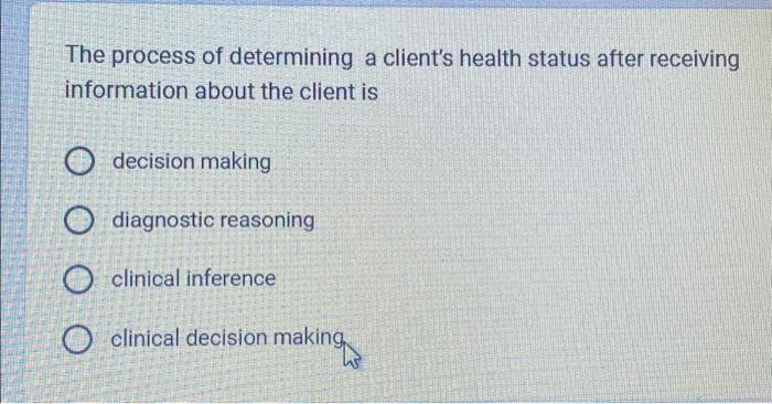 Solved The process of determining a client's health status | Chegg.com