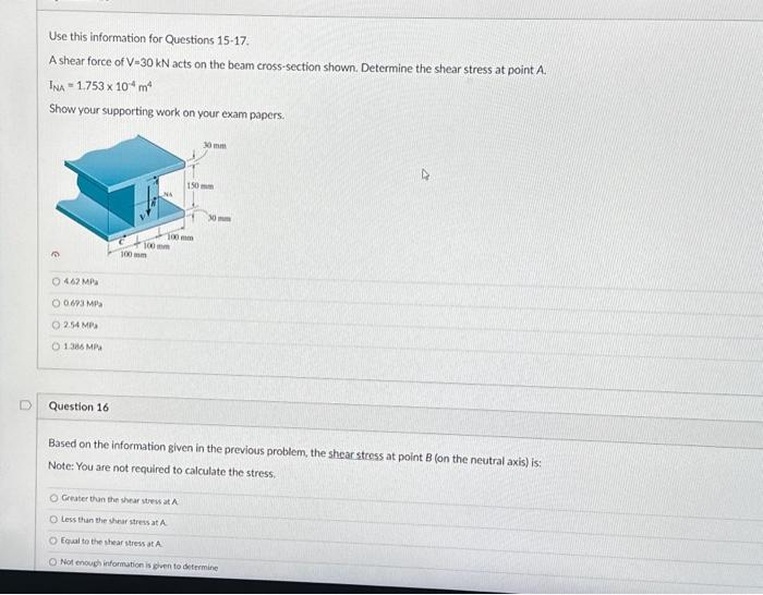 Solved Use this information for Questions 15-17. A shear | Chegg.com