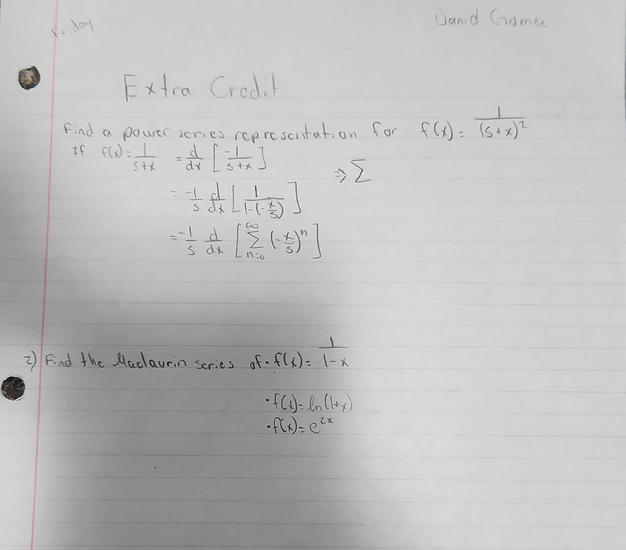 Solved Danid Gormec Fxtra Credit Find a pourer scries | Chegg.com