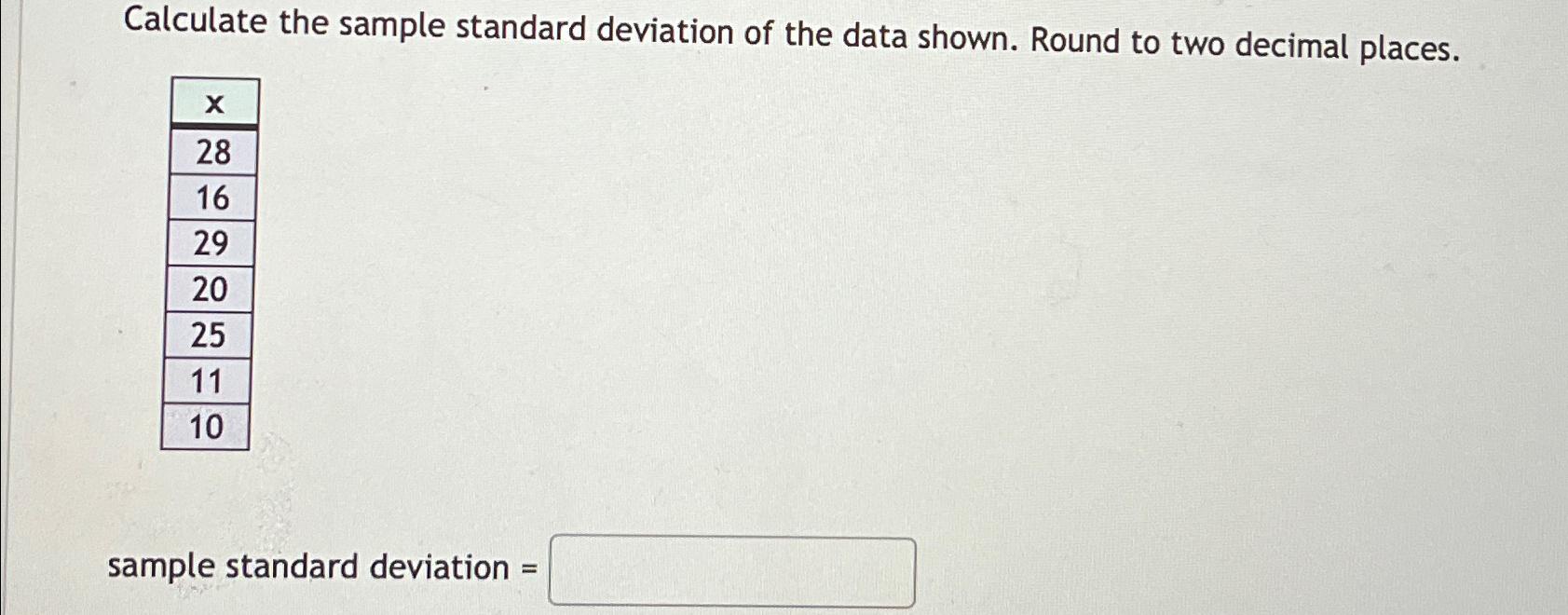 Solved Calculate the sample standard deviation of the data | Chegg.com