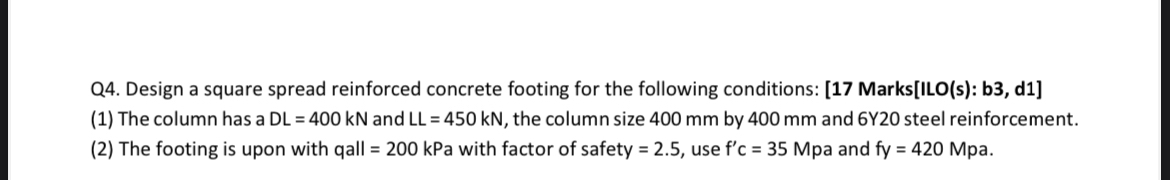 Solved Q4. ﻿Design a square spread reinforced concrete | Chegg.com