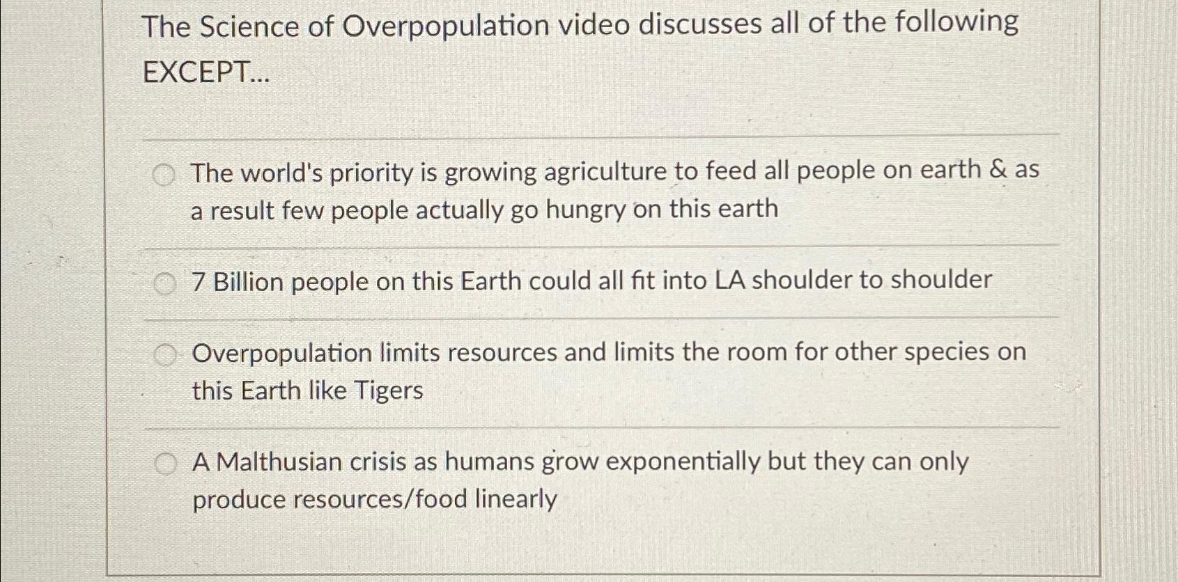 Solved The Science of Overpopulation video discusses all of | Chegg.com