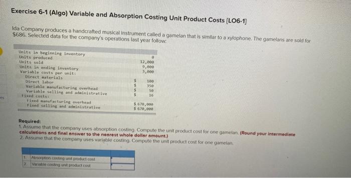 Solved Exercise 6-1 (Algo) Variable and Absorption Costing | Chegg.com