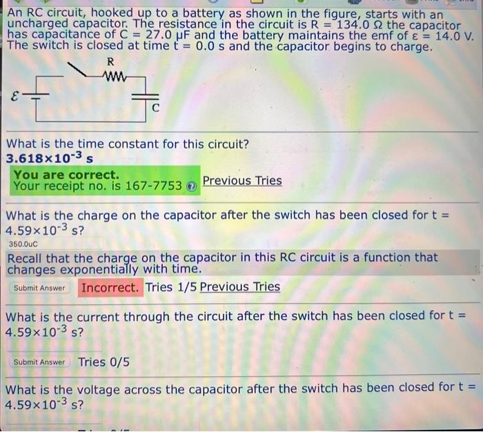 Solved An RC circuit, hooked up to a battery as shown in the | Chegg.com