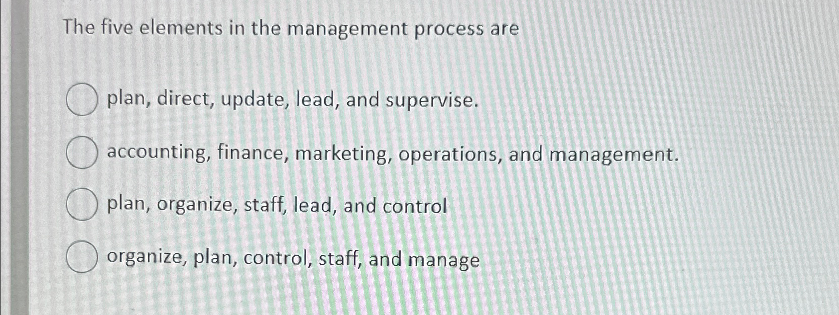Solved The five elements in the management process areplan, | Chegg.com