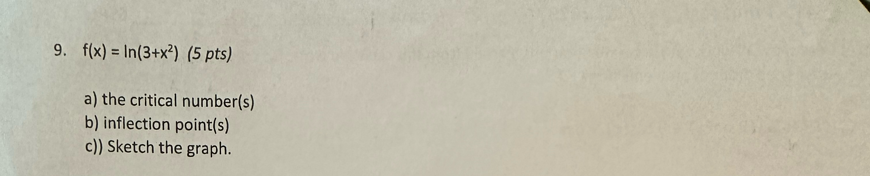 Solved f(x)=ln(3+x2)(5pts)a) ﻿the critical number(s)b) | Chegg.com
