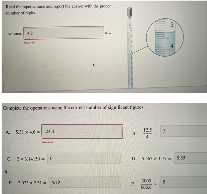Solved Read the pipet volume and report the answer with the | Chegg.com