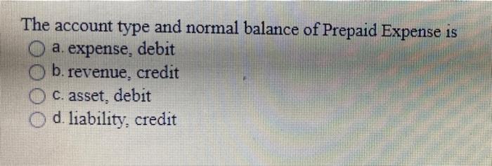 Solved The account type and normal balance of Prepaid | Chegg.com