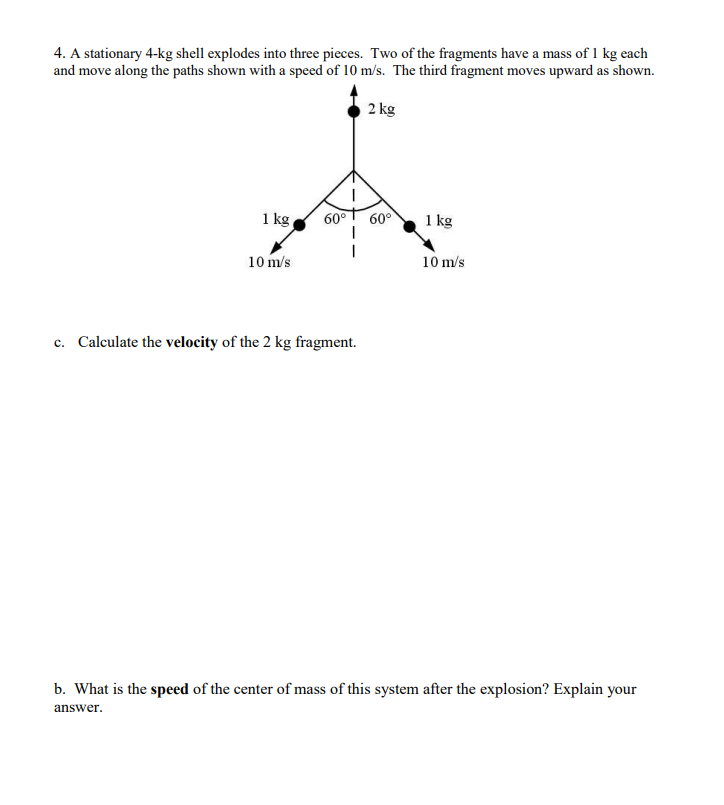 Solved A stationary 4-kg shell explodes into three pieces. | Chegg.com