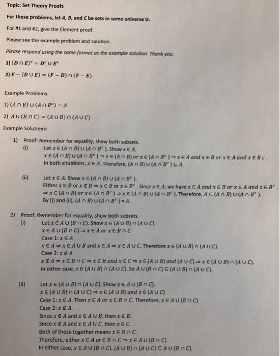 Solved Topic: Set Theory Proofs For these problems, let A, | Chegg.com