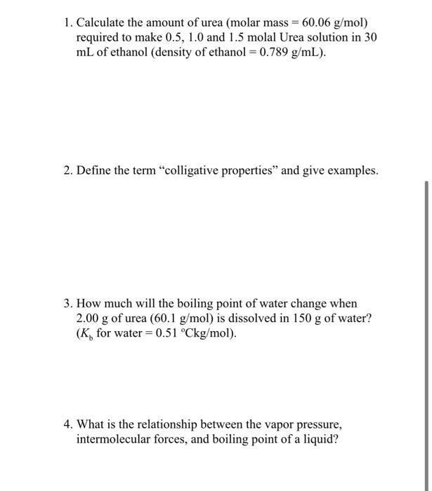 1. Calculate the amount of urea (molar mass = 60.06 | Chegg.com