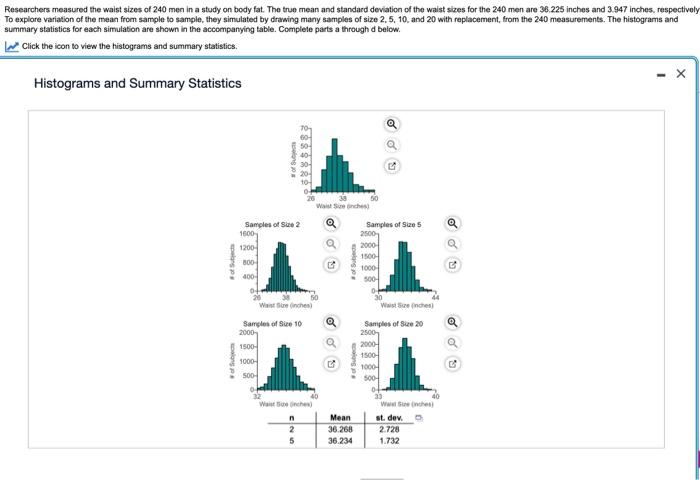 Solved esearchers measured the waist sizes of 240 men in a | Chegg.com