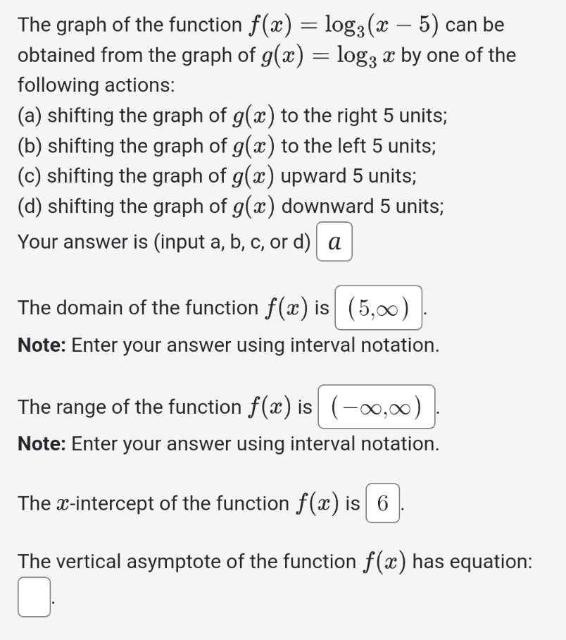Solved The graph of the function f(x)=log3(x−5) can be | Chegg.com