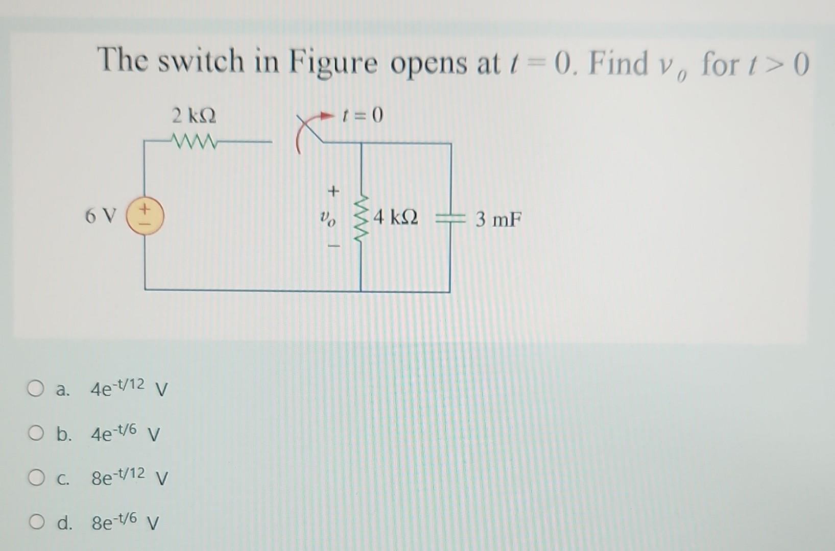 Solved The switch in Figure opens at t=0. Find v0 for t>0 a. | Chegg.com